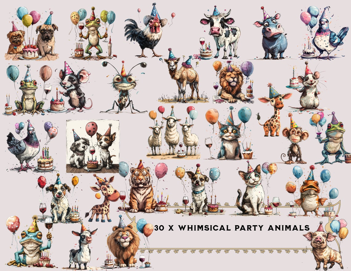 30 Whimsical Party Animals PNG Bundle, Funny Birthday Animals Clipart ...