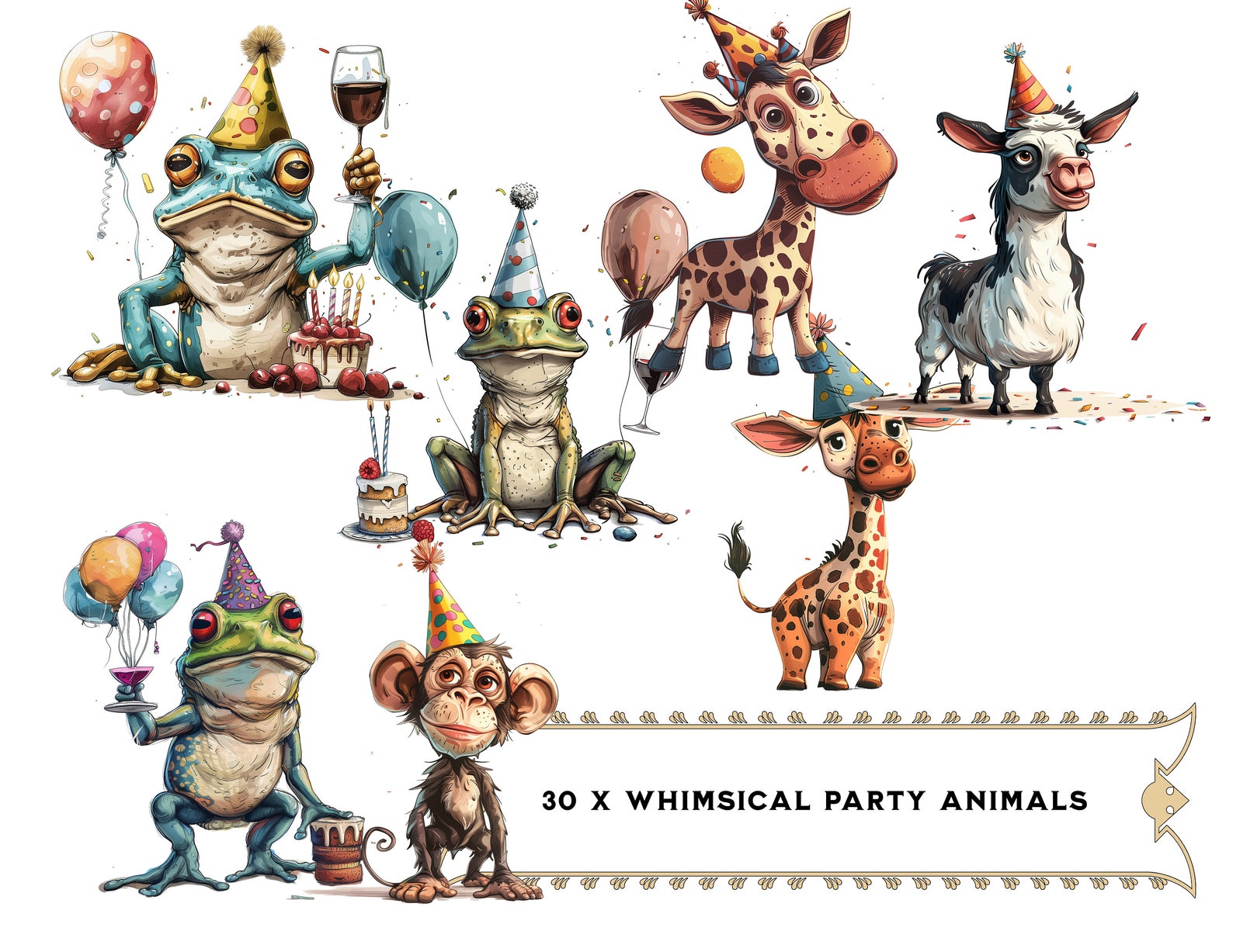 30 Whimsical Party Animals PNG Bundle, Funny Birthday Animals Clipart ...