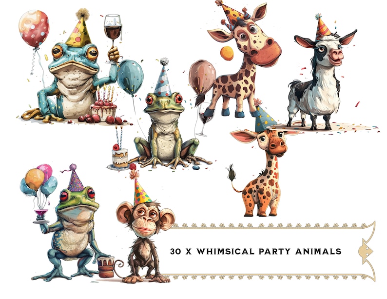 30 Whimsical Party Animals PNG Bundle, Funny Birthday Animals Clipart ...