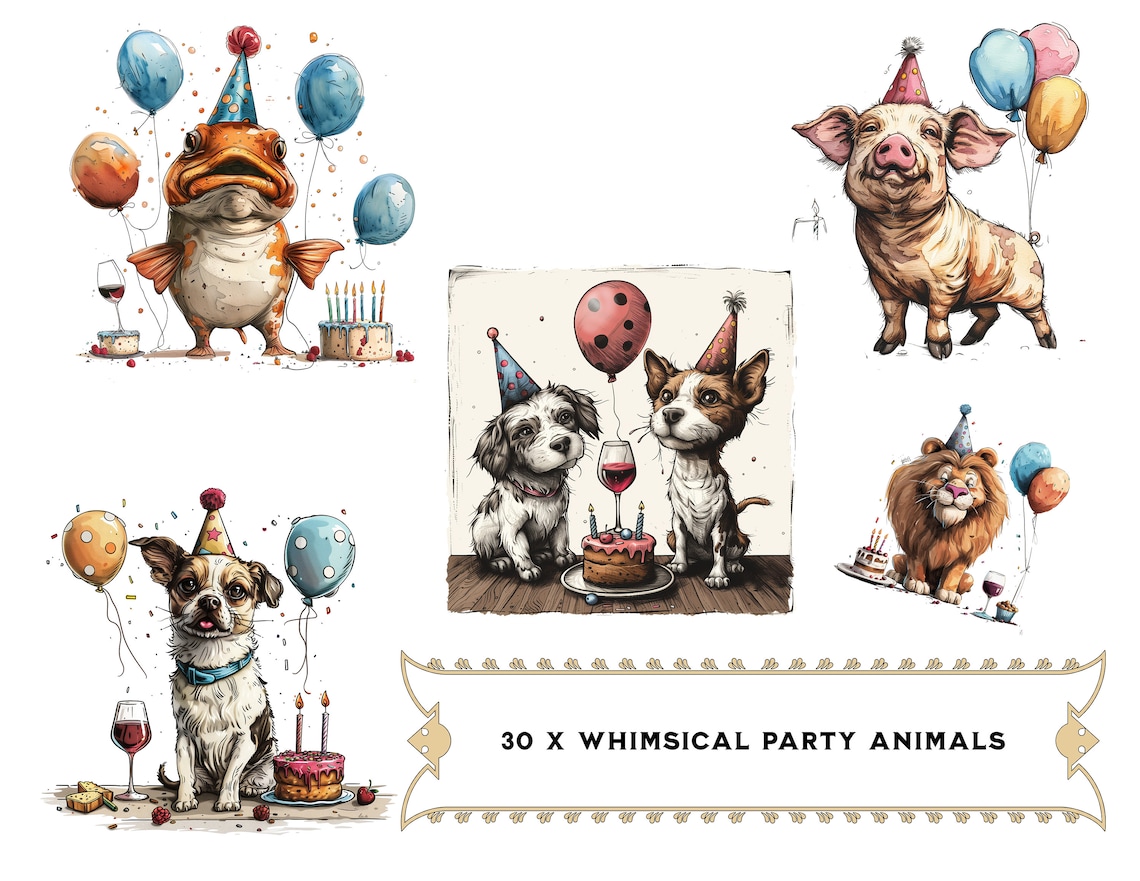 30 Whimsical Party Animals PNG Bundle, Funny Birthday Animals Clipart ...