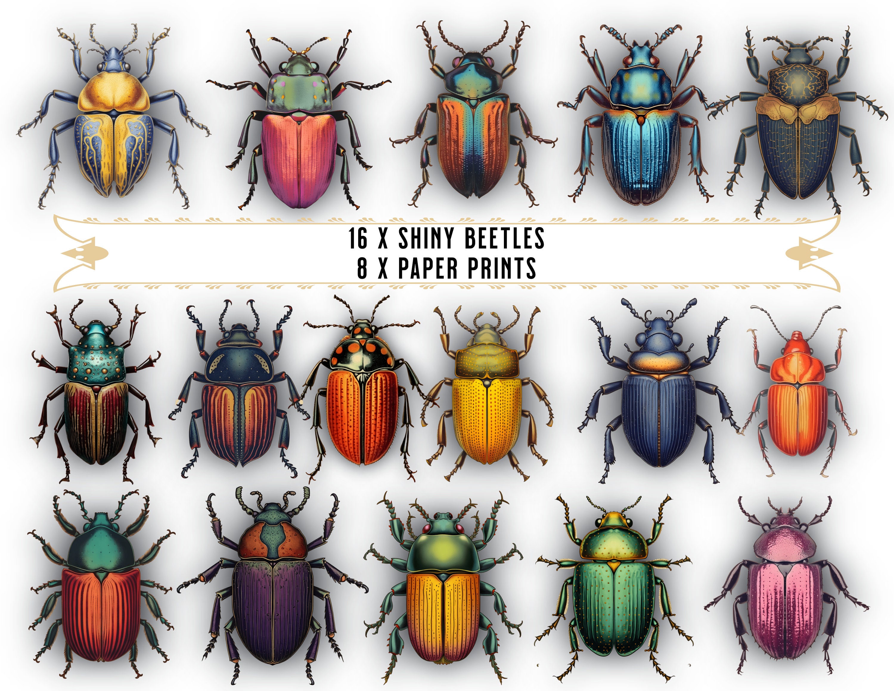 16 PNG X Jewel Beetle Mixed Media Beetle Bugs , 8 Printable Sheets, CU ...