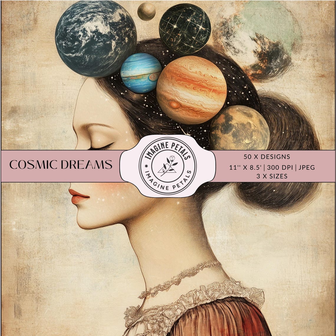 50 Cosmic Dreams Space People Portraits Junk Journal Kit, Stars Moon ...