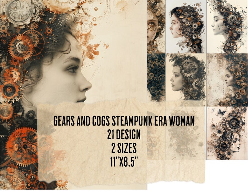 21 Gears and Cogs Steampunk Era Woman, Junk Journal Pages, CU ...