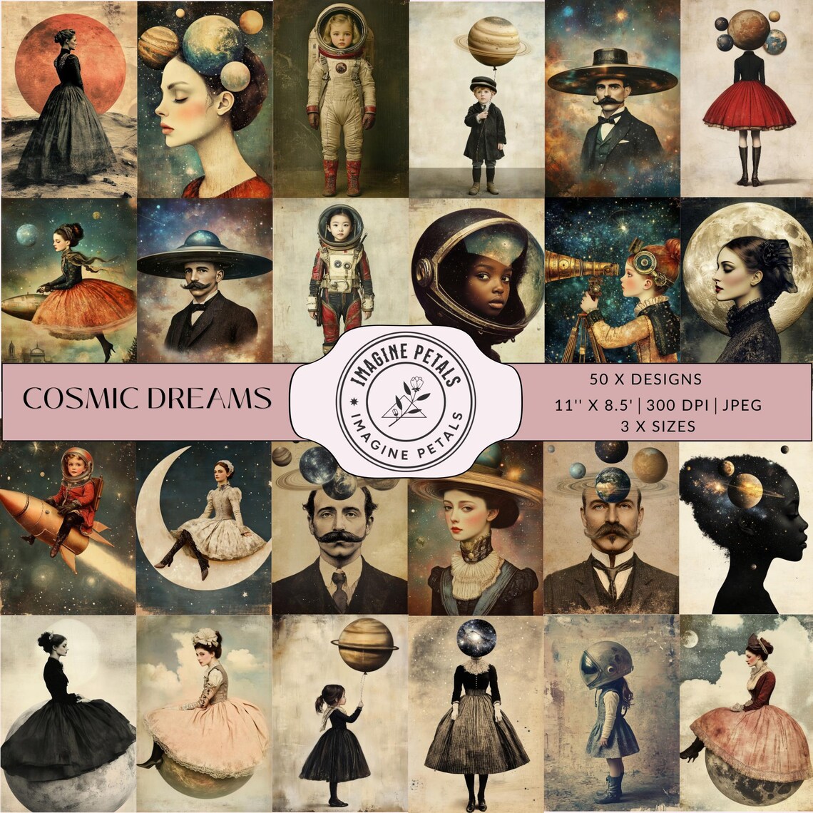 50 Cosmic Dreams Space People Portraits Junk Journal Kit, Stars Moon ...