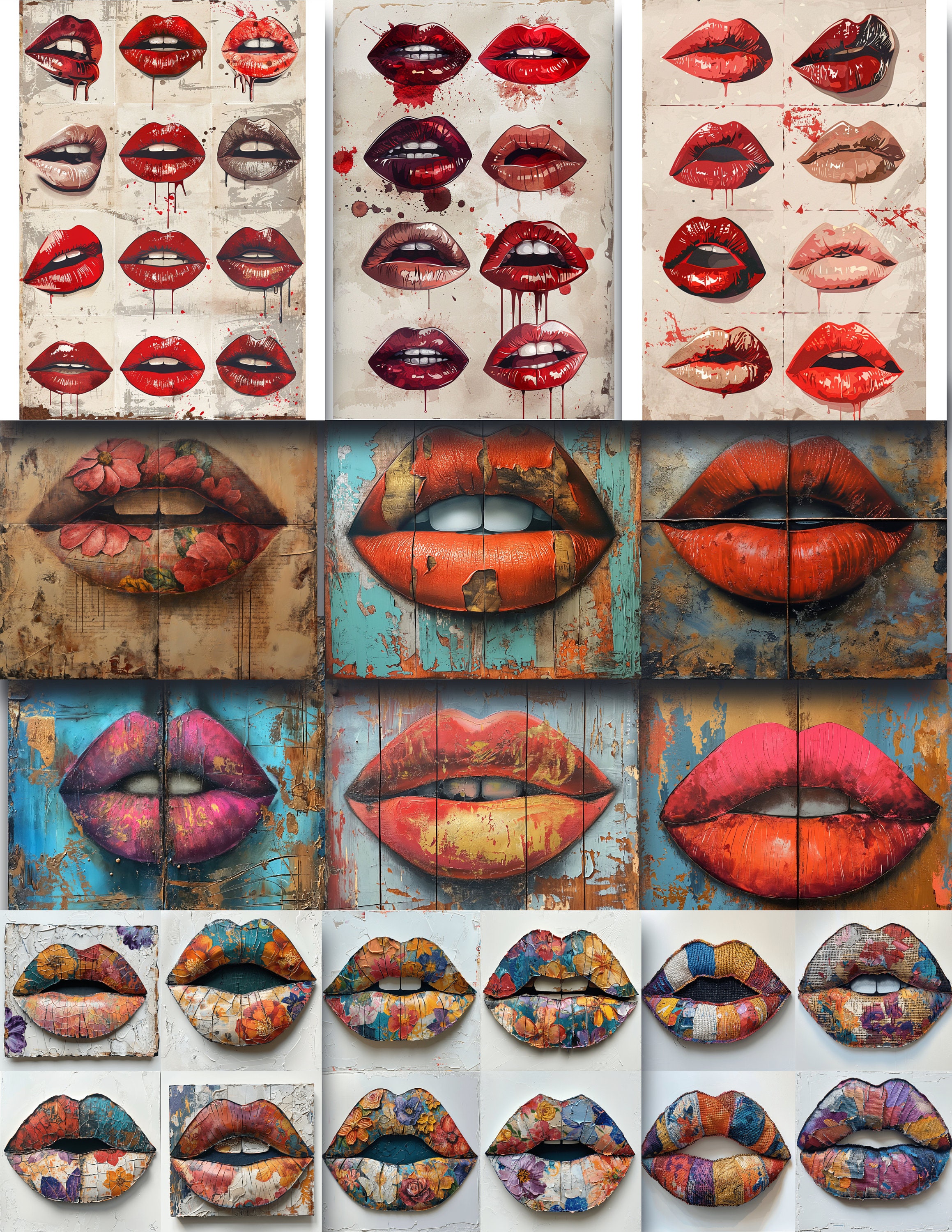 Whimsical Lips Pack - 24 Vintage Lips Jpeg, Kiss, Valentines Love, Junk ...