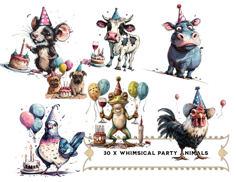 30 Whimsical Party Animals PNG Bundle, Funny Birthday Animals Clipart ...