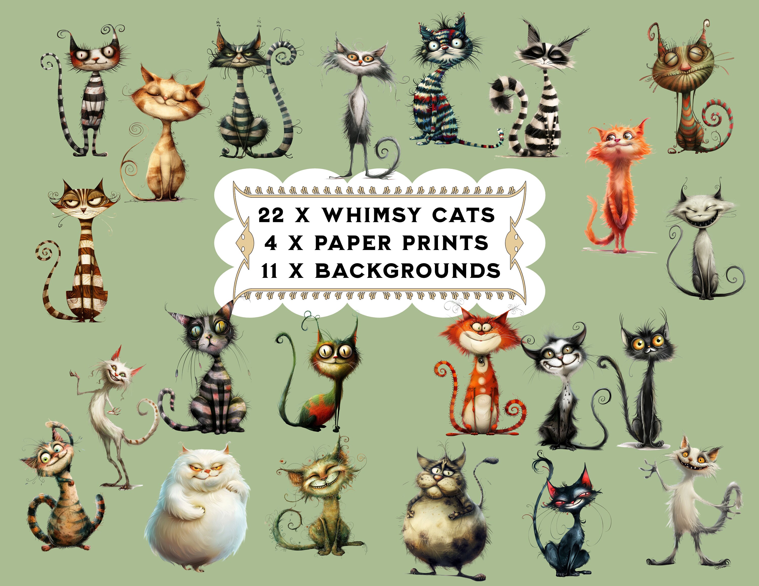 22 Quirky Whimsy Cats Png 11 Backgrounds 4 Sheets, Card Making, Collage ...