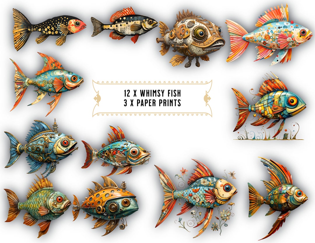 12 PNG X Whimsy Fish Mixed Media Whimsical Fishes 3 Printable Sheets ...