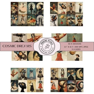 50 Cosmic Dreams Space People Portraits Junk Journal Kit, Stars Moon ...