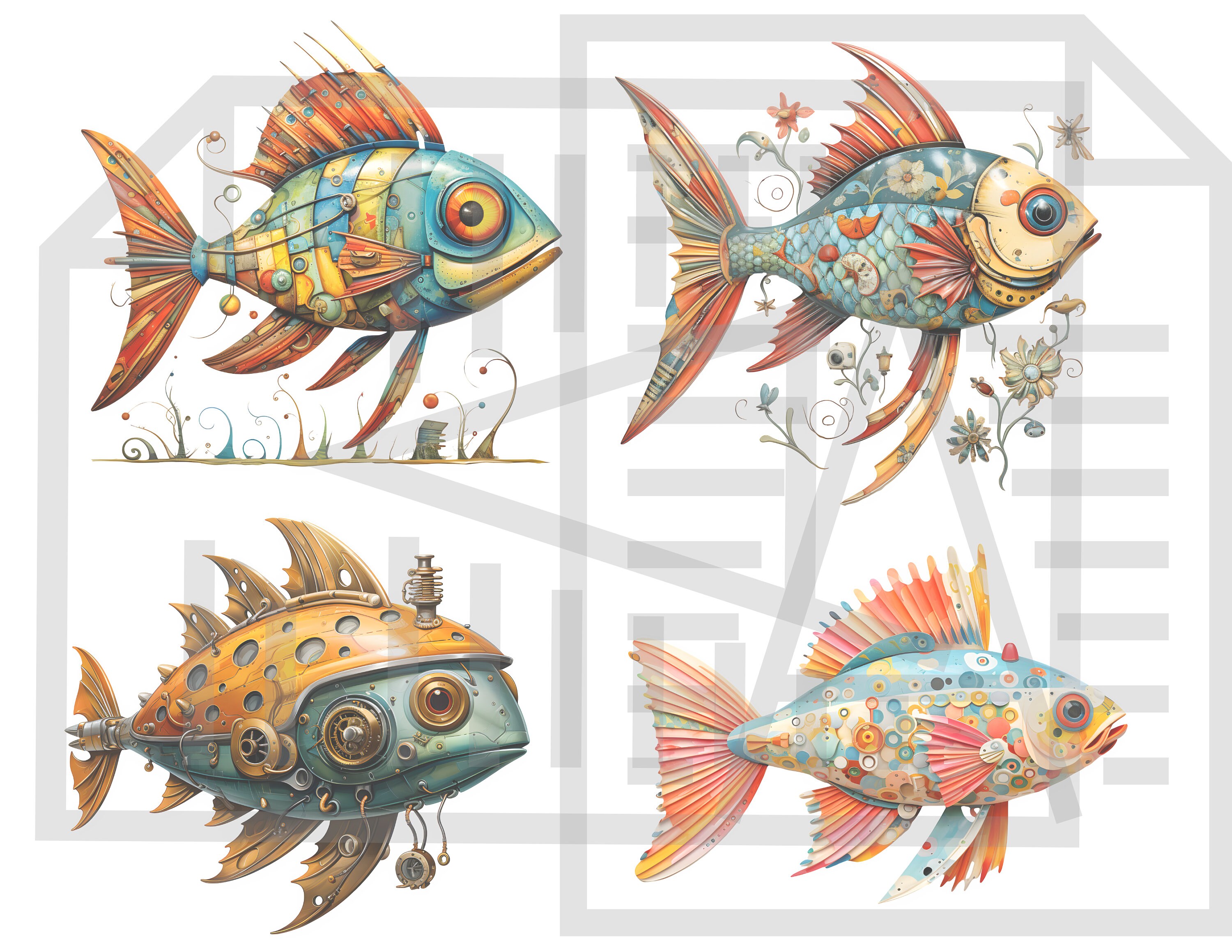 12 PNG X Whimsy Fish Mixed Media Whimsical Fishes 3 Printable Sheets ...