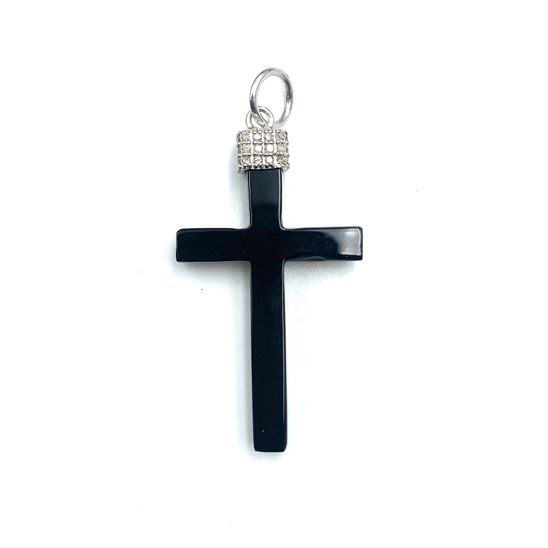 Sterling Silver Black Onyx Cross Pendant - Minimalist Carved Cross - Etsy