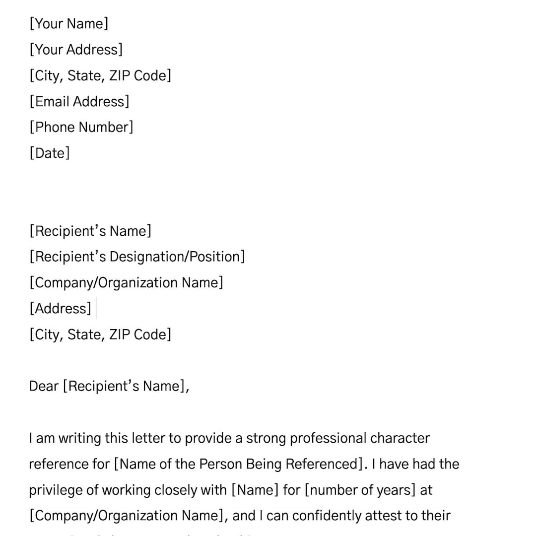 Simple Professional Character Reference Letter Template, Reference ...