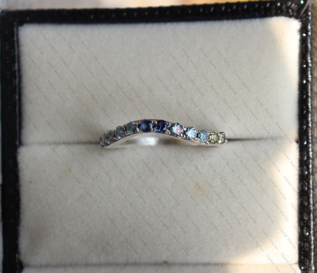 14k Solid Gold Sapphire Royal Curve Ring | Blue Curved Wedding Ring ...