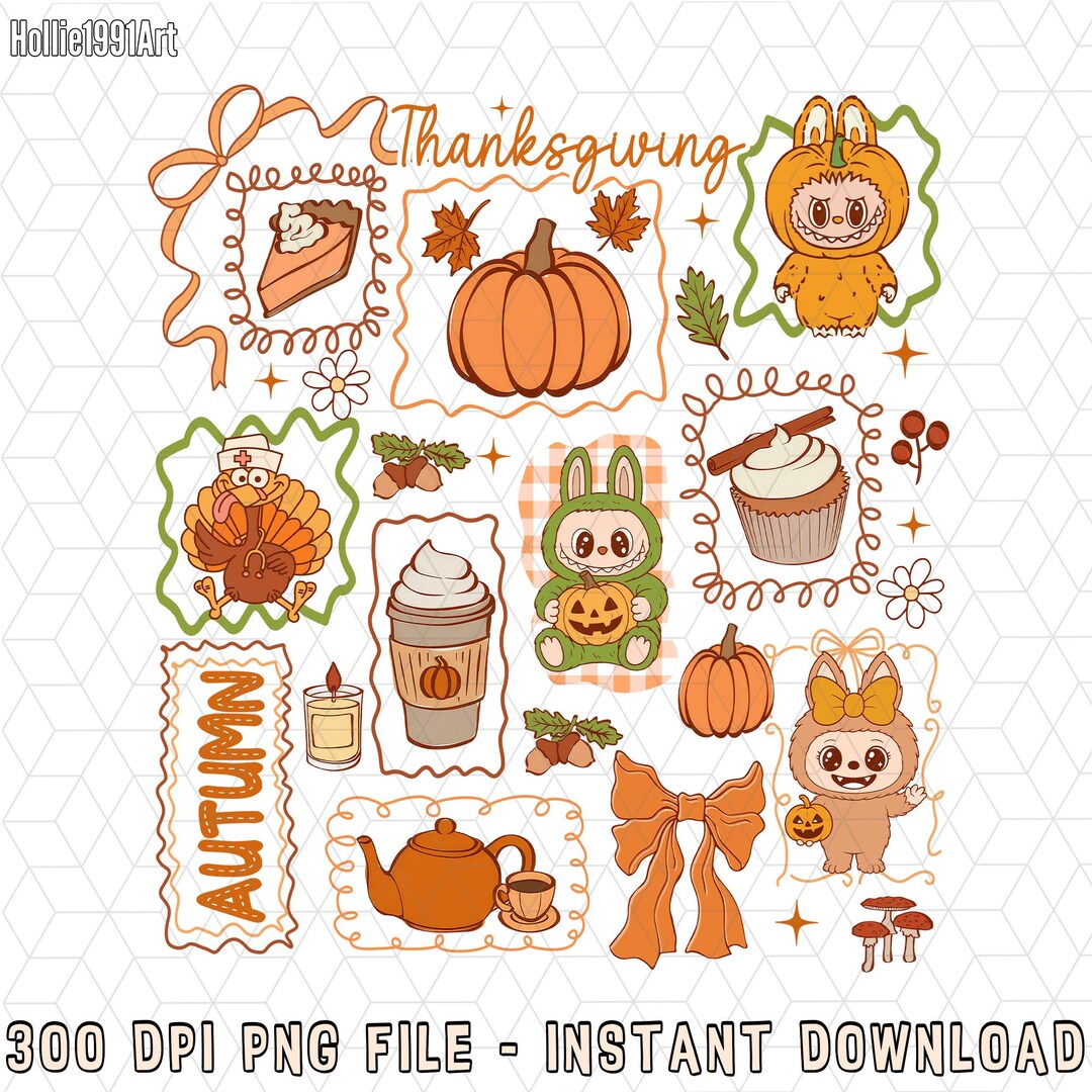 Retro Labubu Doodle Thanksgiving PNG, Labubu Doll Cartoon Autumn, Funny ...