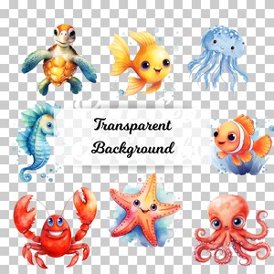 Watercolor Cute Sea Animals Clipart Bundle, Underwater Ocean PNG Set ...