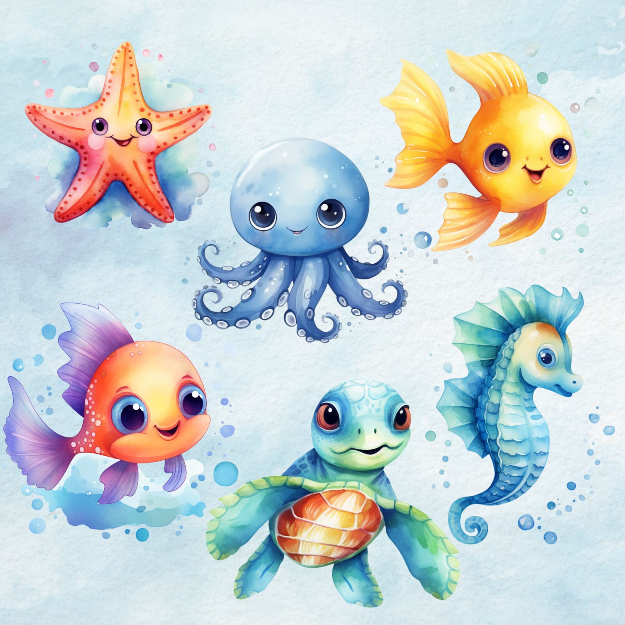 Watercolor Cute Sea Animals Clipart Bundle, Underwater Ocean PNG Set ...
