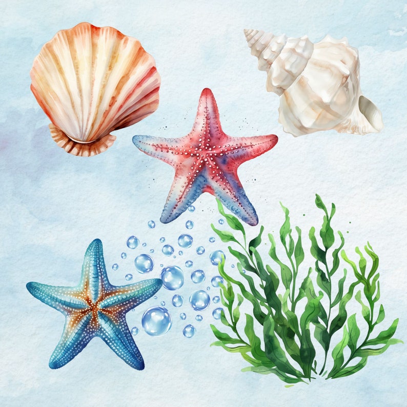 Watercolor Cute Sea Animals Clipart Bundle, Underwater Ocean PNG Set ...
