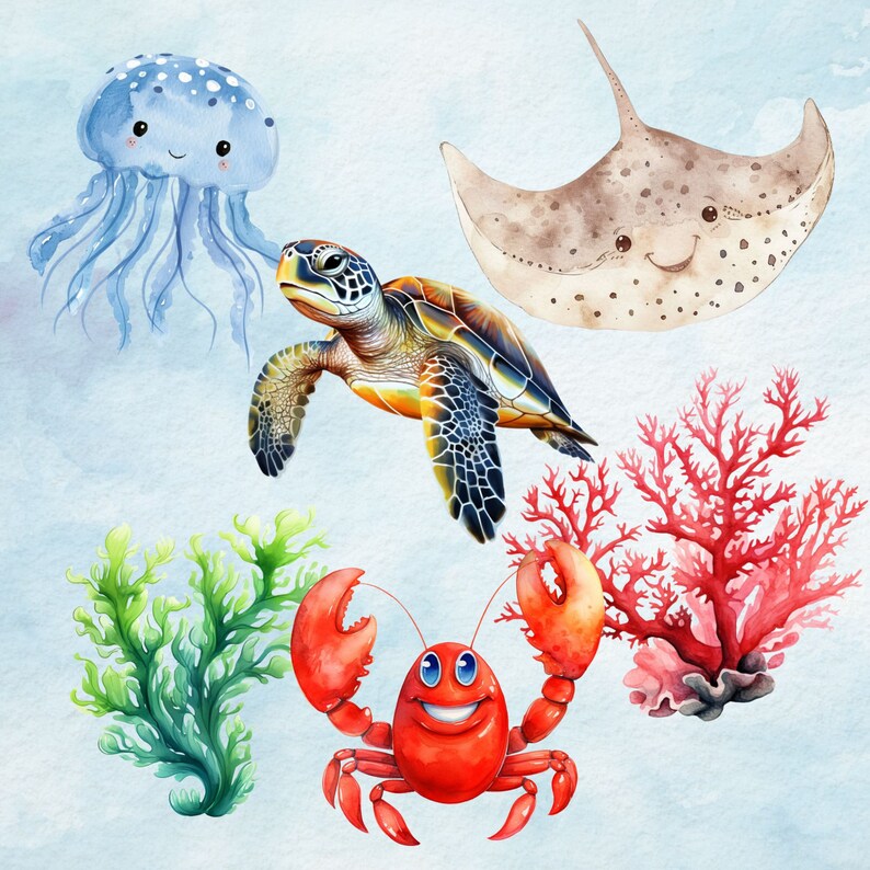 Watercolor Cute Sea Animals Clipart Bundle, Underwater Ocean PNG Set ...