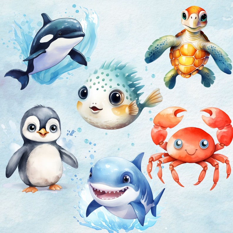 Watercolor Cute Sea Animals Clipart Bundle, Underwater Ocean PNG Set ...