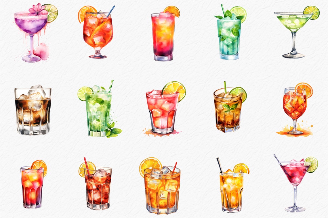 Watercolor Cocktail Clipart, Watercolor Cocktail Graphics, Alcohol ...