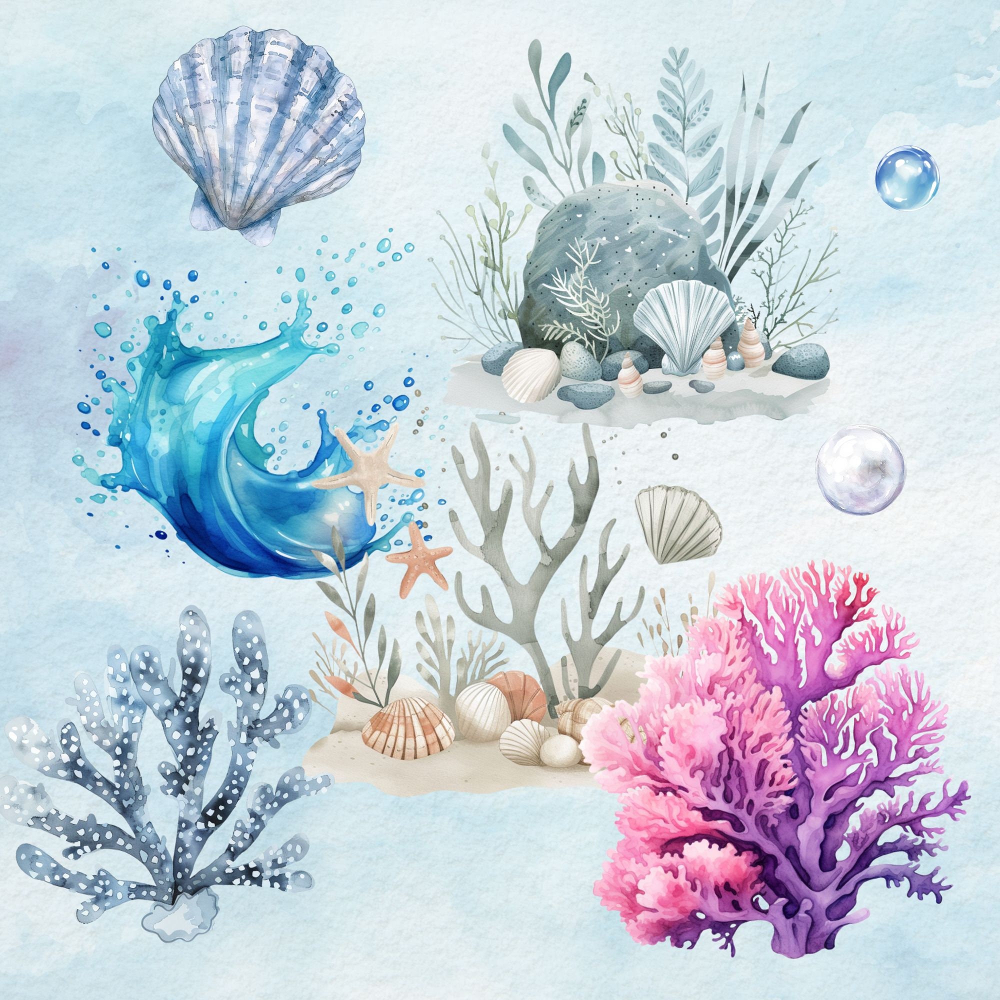 Watercolor Cute Sea Animals Clipart Bundle, Underwater Ocean PNG Set ...