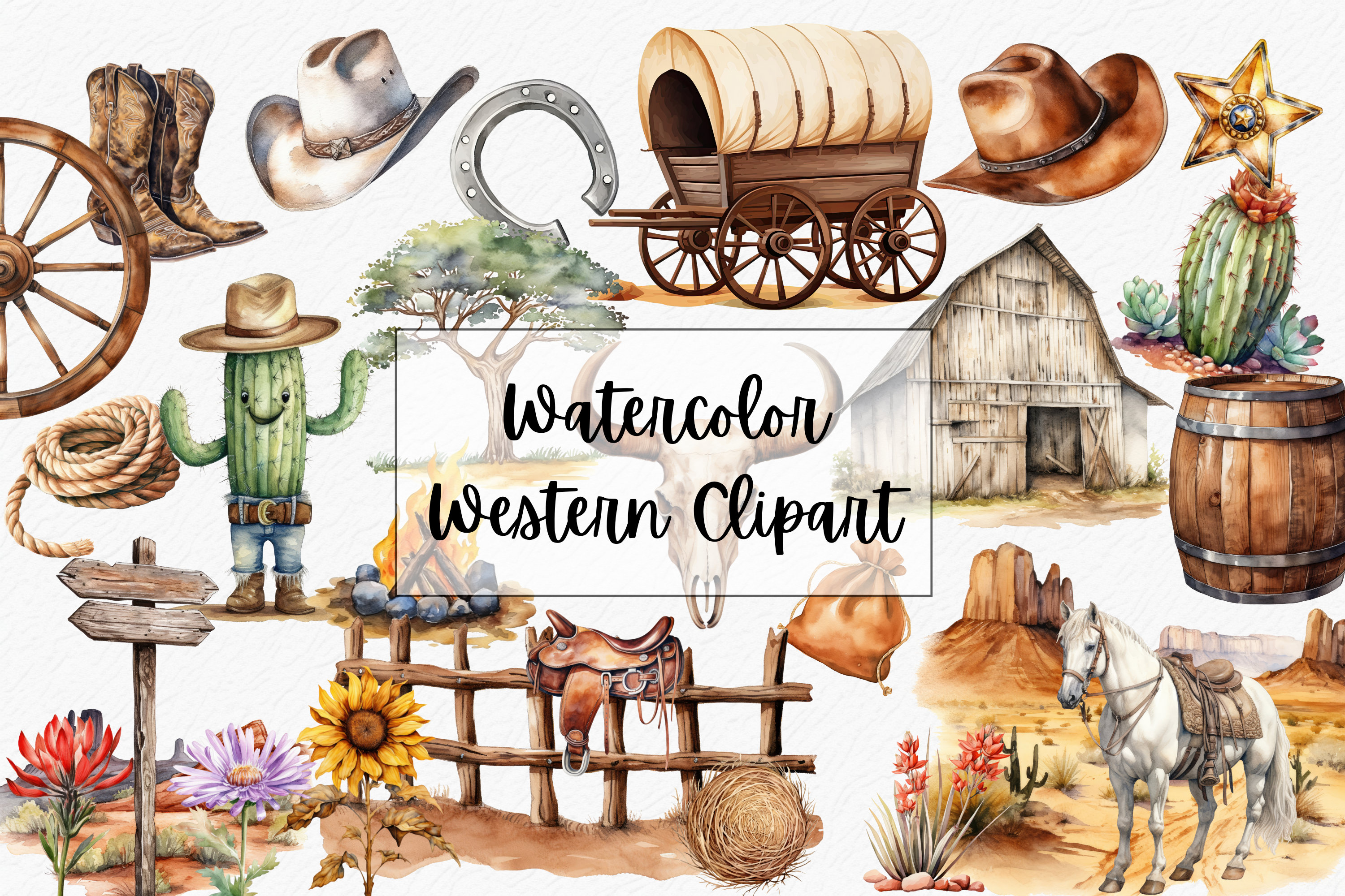 Western Watercolor Clipart, Texas Horse Cowboy Ranch PNG Bundle ...
