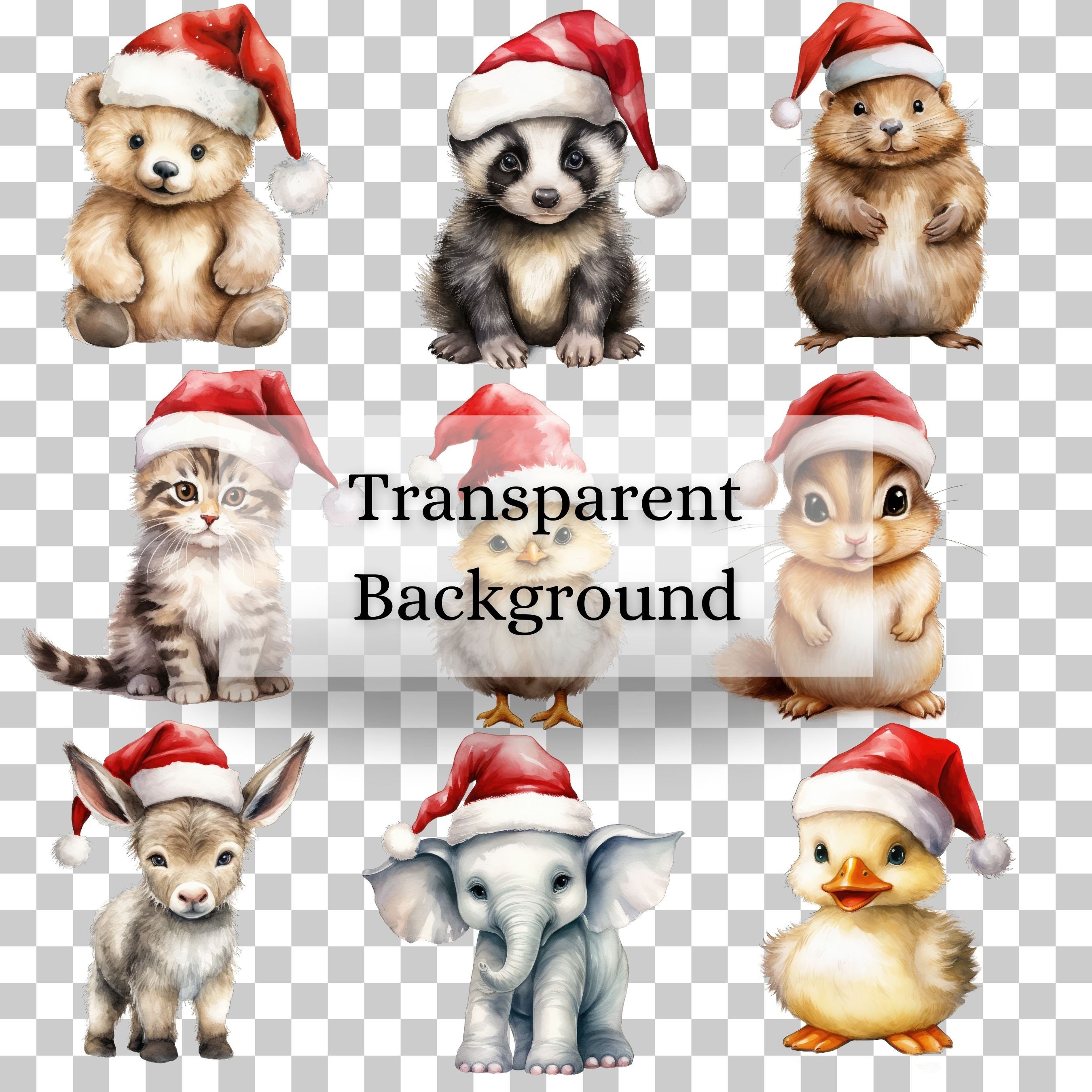 Watercolor Christmas Animals Clipart, Santa Hat, Watercolor Christmas ...