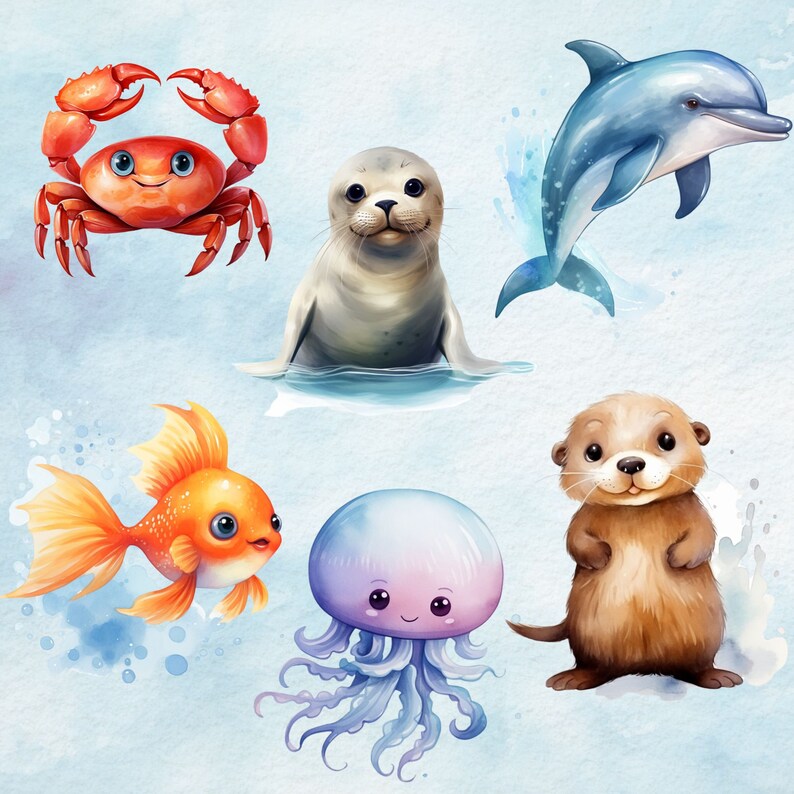 Watercolor Cute Sea Animals Clipart Bundle, Underwater Ocean PNG Set ...