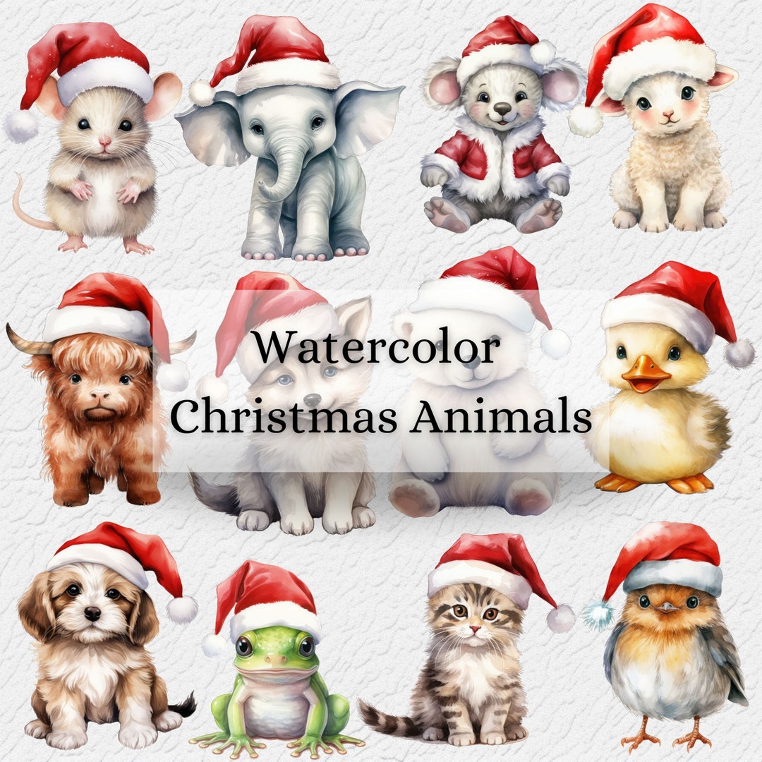 Watercolor Christmas Animals Clipart, Santa Hat, Watercolor Christmas ...