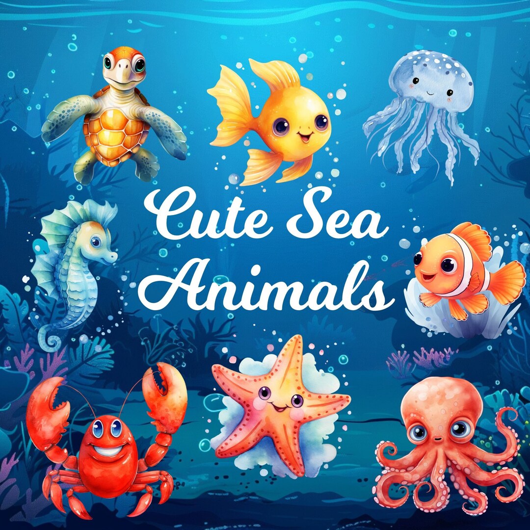 Watercolor Cute Sea Animals Clipart Bundle, Underwater Ocean PNG Set ...