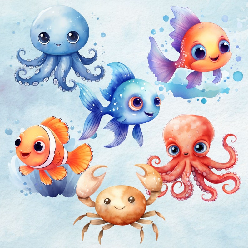 Watercolor Cute Sea Animals Clipart Bundle, Underwater Ocean PNG Set ...