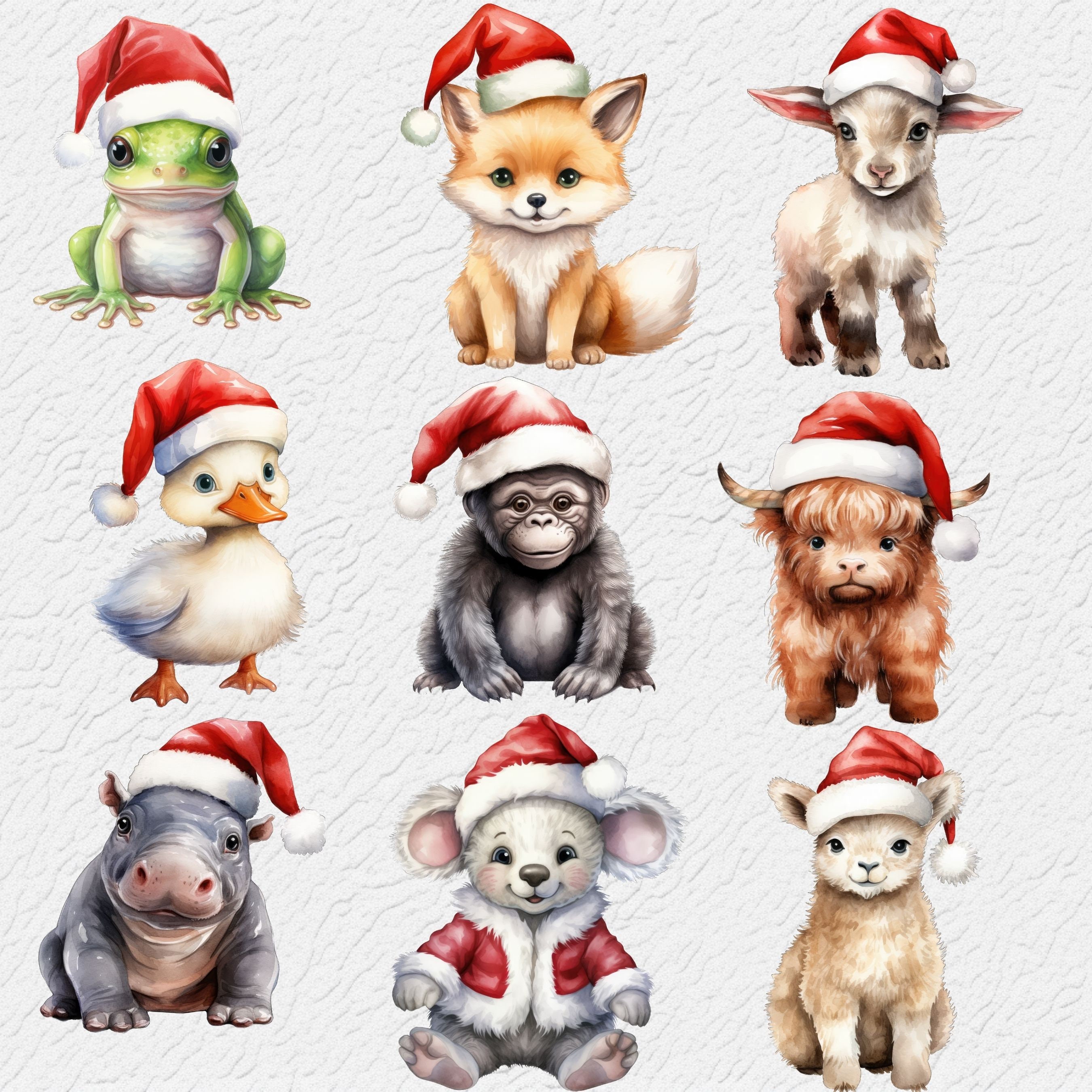 Watercolor Christmas Animals Clipart, Santa Hat, Watercolor Christmas ...