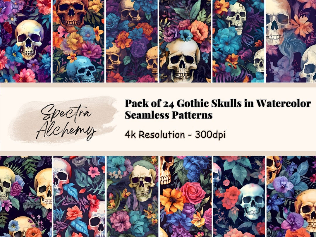 Gothic Skulls in Watercolor Seamless Pattern With Skull Digital ...
