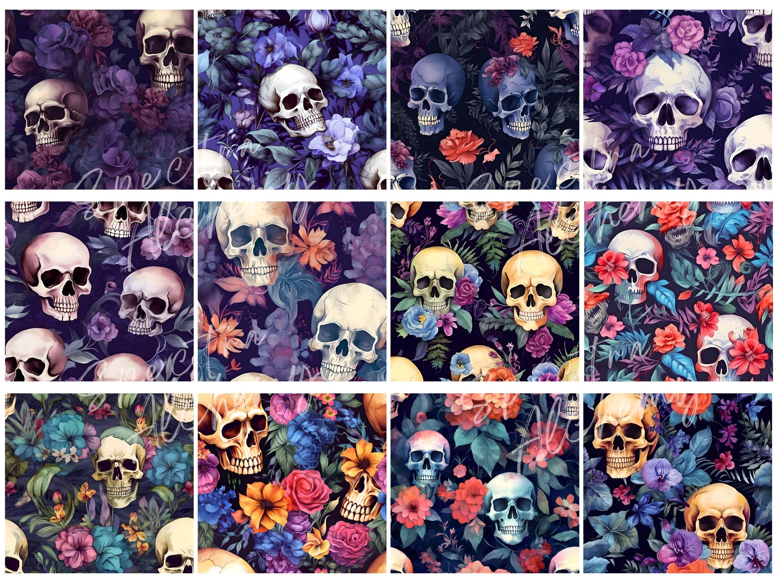 Gothic Skulls in Watercolor Seamless Pattern With Skull Digital ...