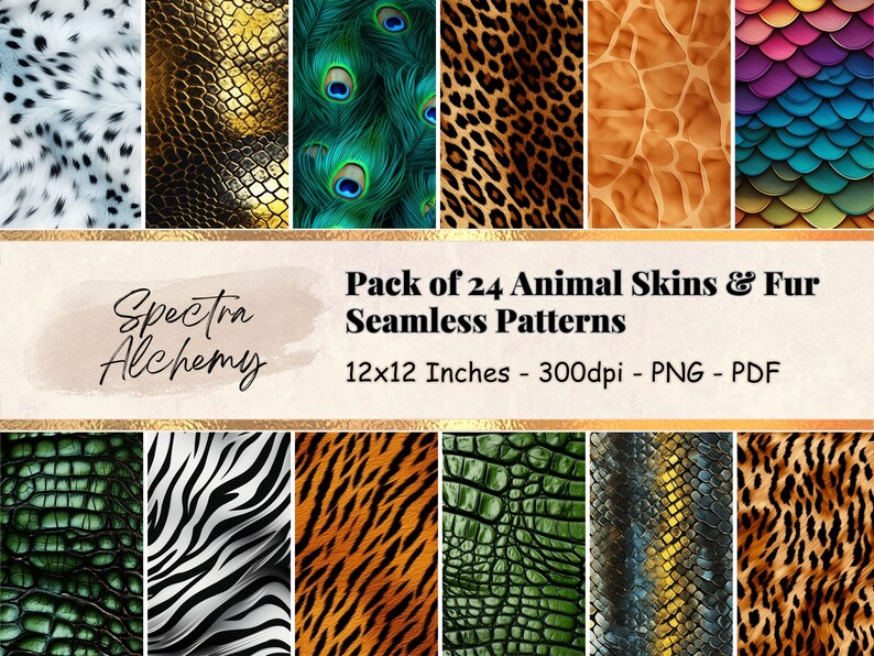 24 Animal Skins & Fur Seamless Patterns, Repeating File for Fabric ...