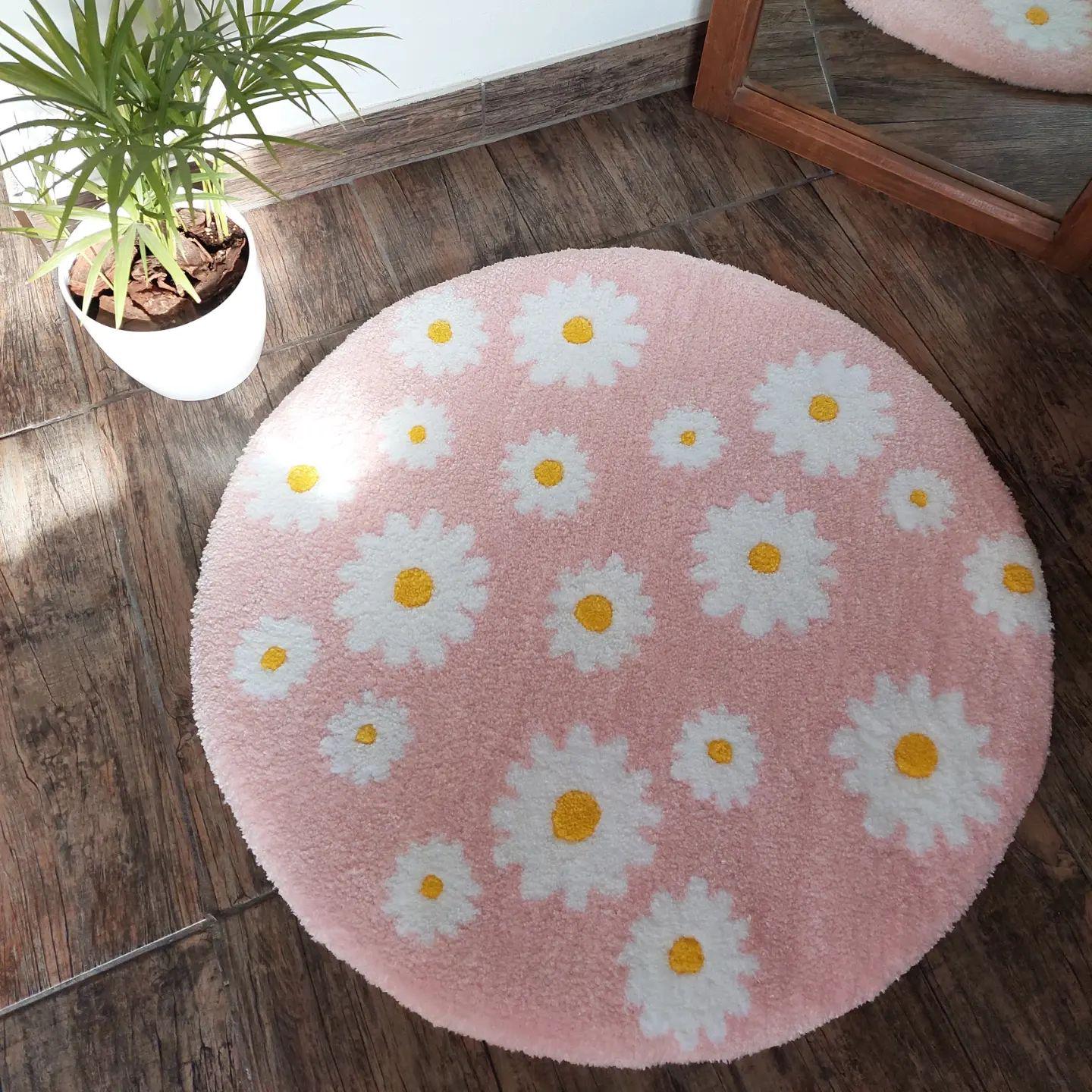 Baby Pink And,white Colour Hand Tufted Round,flower Wool Rug,for Living ...
