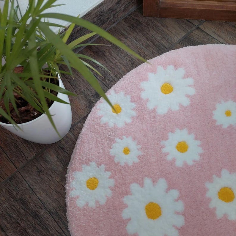 Baby Pink And,white Colour Hand Tufted Round,flower Wool Rug,for Living ...