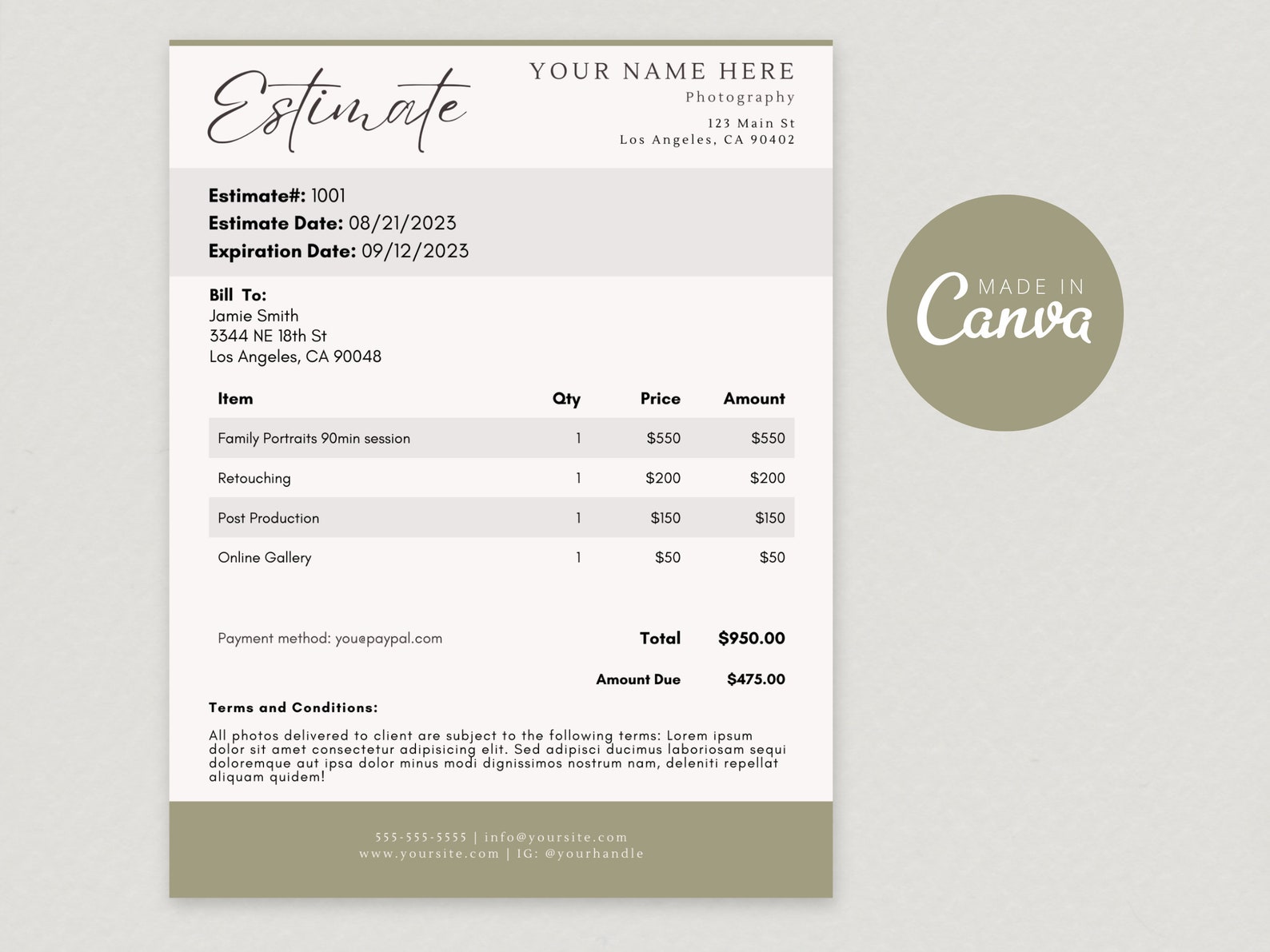Photography Estimate Template Estimate Invoice Photography - Etsy