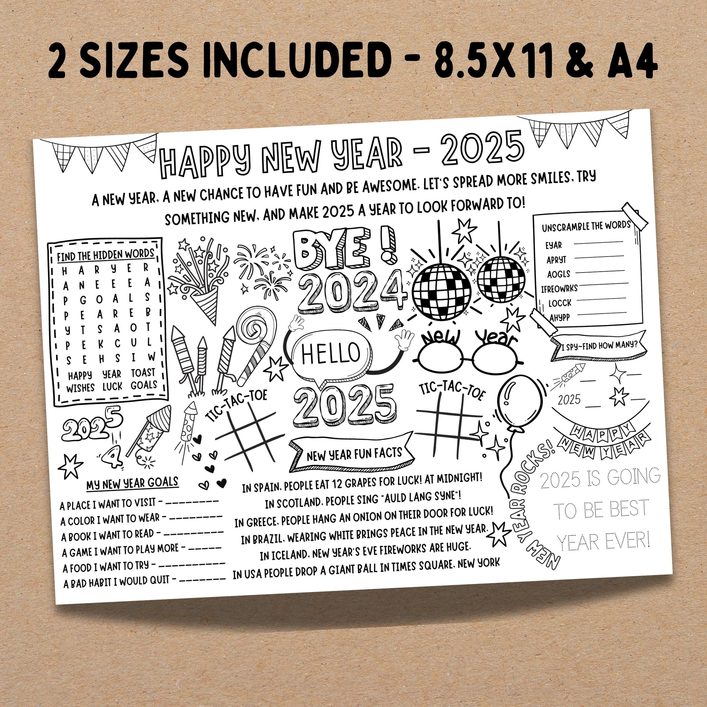 New Years 2025 Activity Placemat PRINTABLE New Years Eve Activity Sheet ...