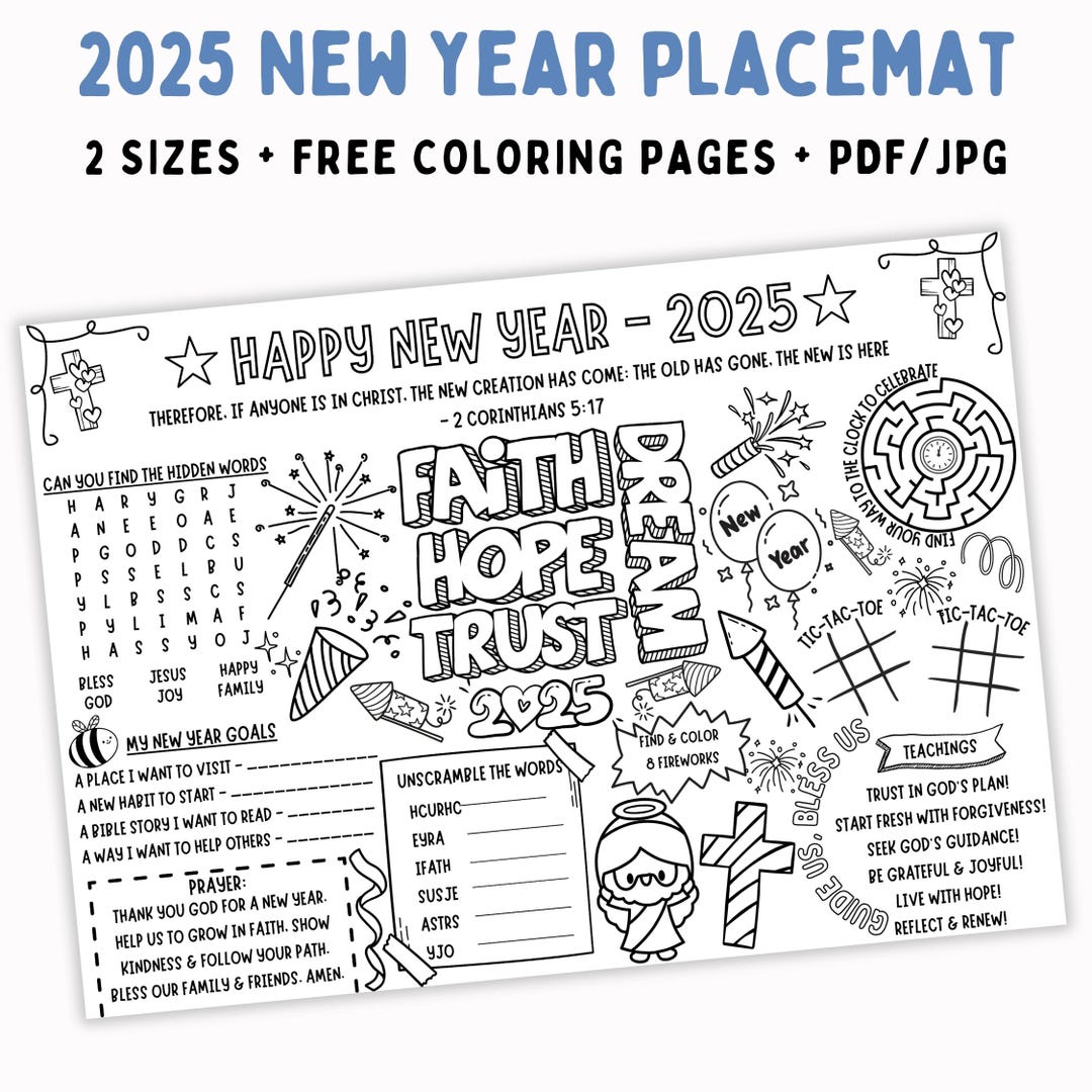 2025 New Year Faith Based Activity Placemat, Coloring Page for Kids ...