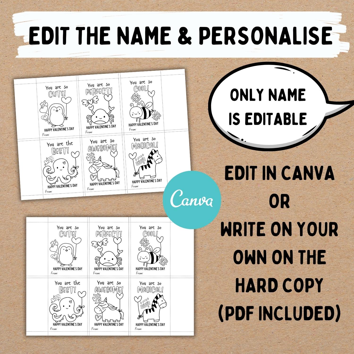 EDITABLE Valentines Coloring Cards, Valentines Day, Valentine Cards ...