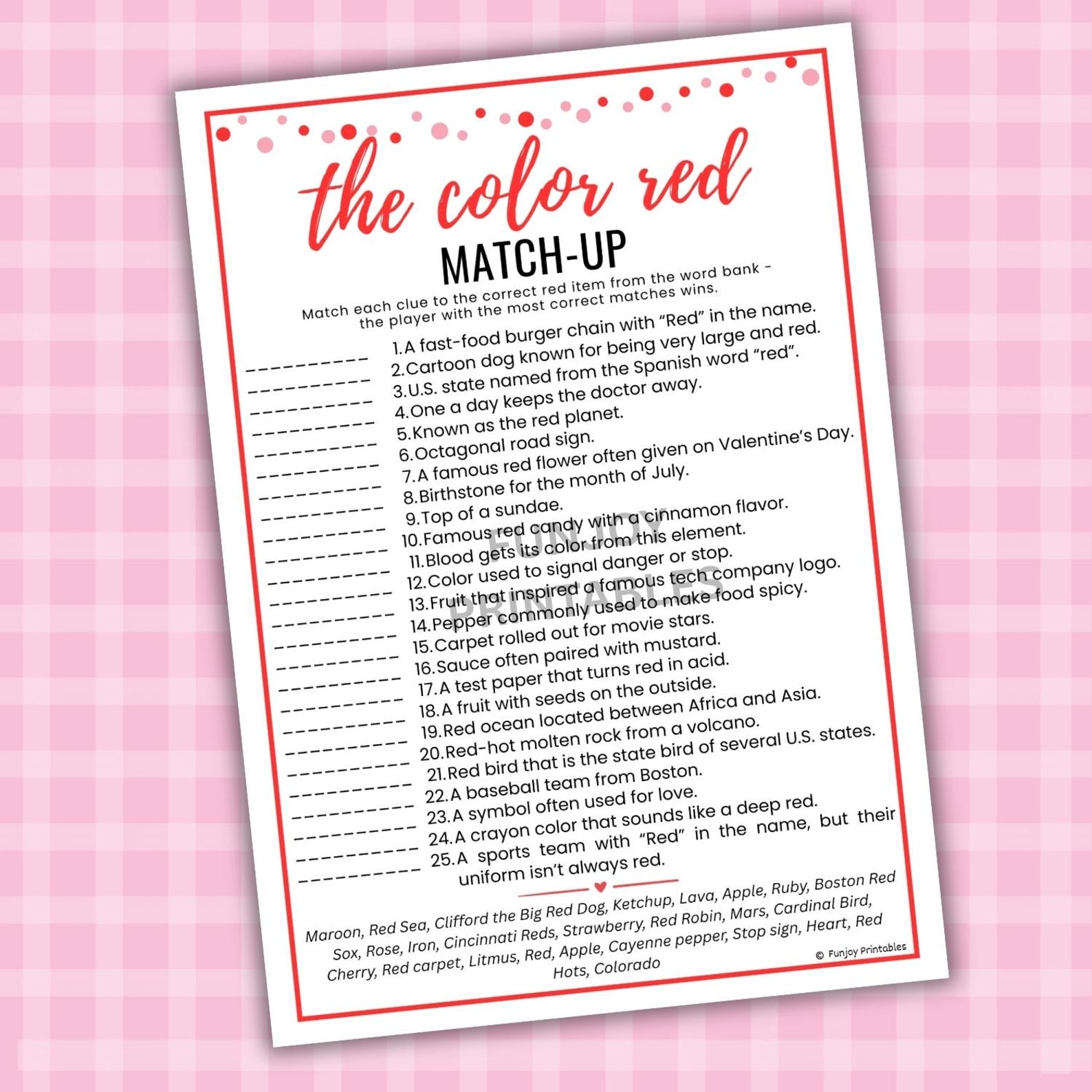Valentine's Day the Color Red Game, Valentine Printable Games, Party ...