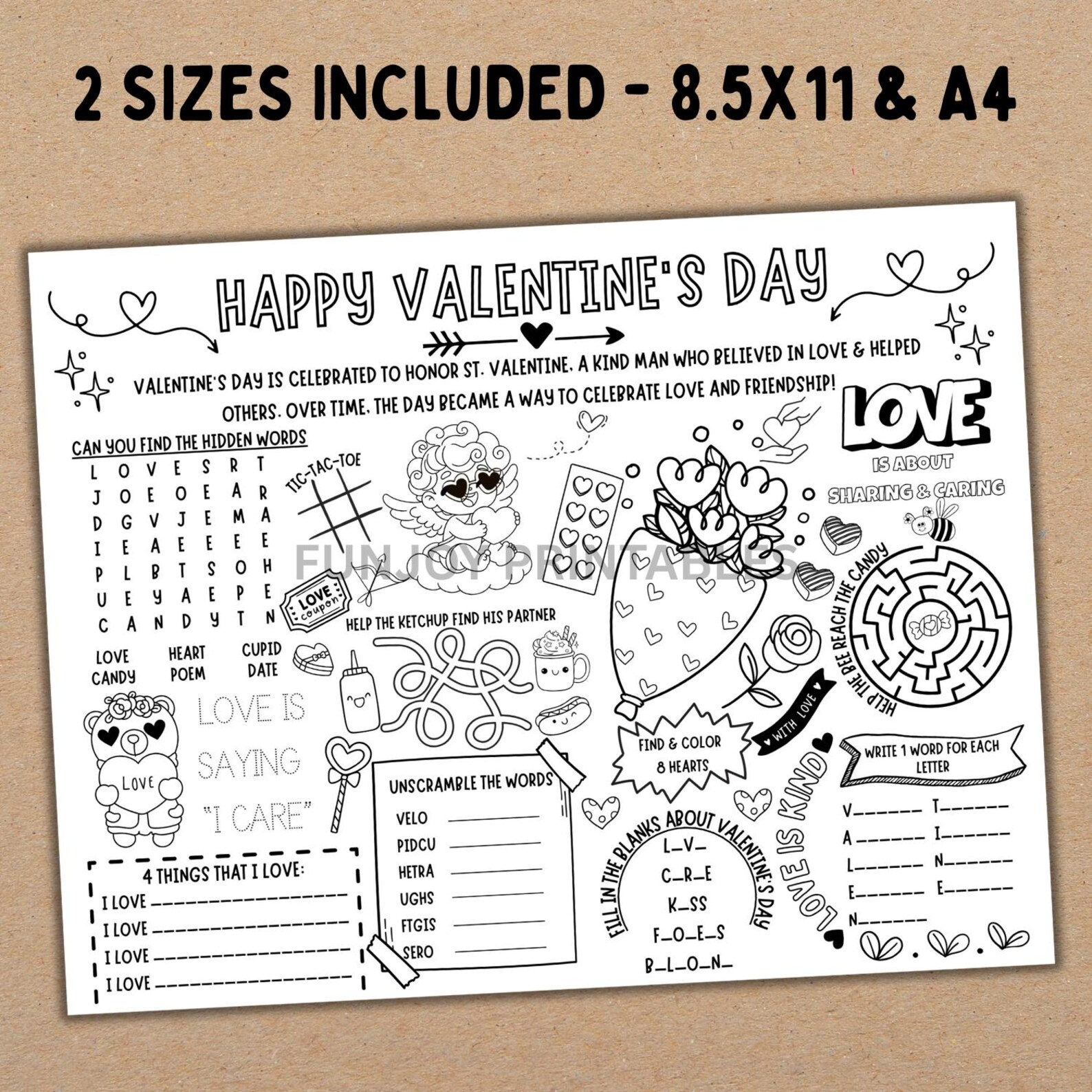 Kids Valentines Day Placemat, Activity Sheet (printable Download) - Etsy