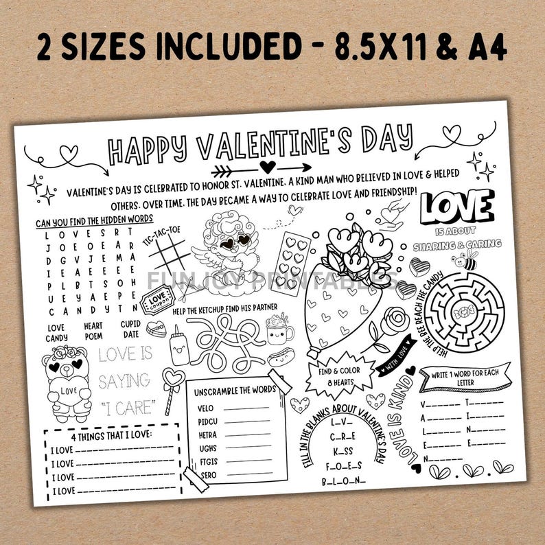 Kids Valentines Day Placemat, Activity Sheet (printable Download) - Etsy