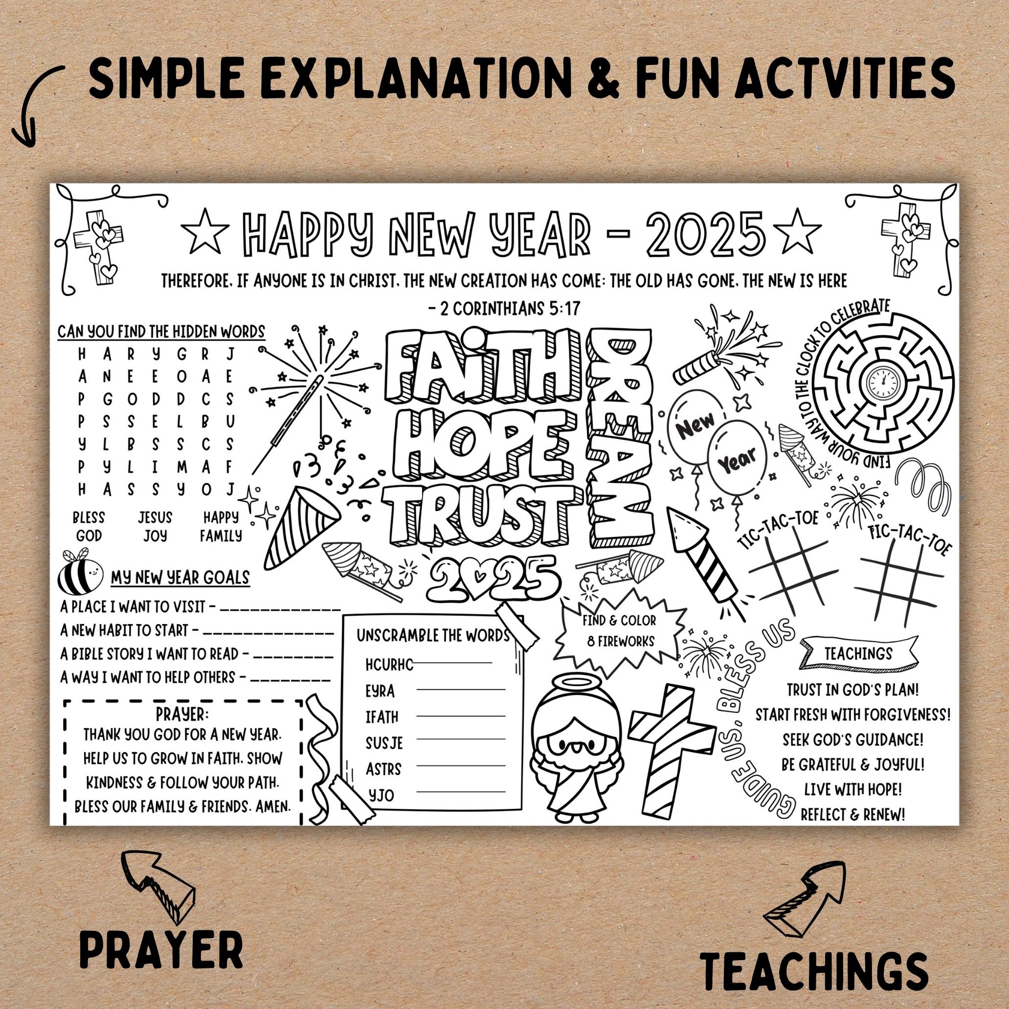 2025 New Year Faith Based Activity Placemat, Coloring Page for Kids ...