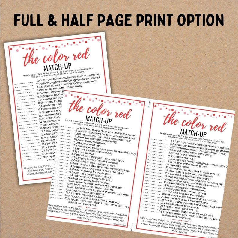 Valentine's Day the Color Red Game, Valentine Printable Games, Party ...