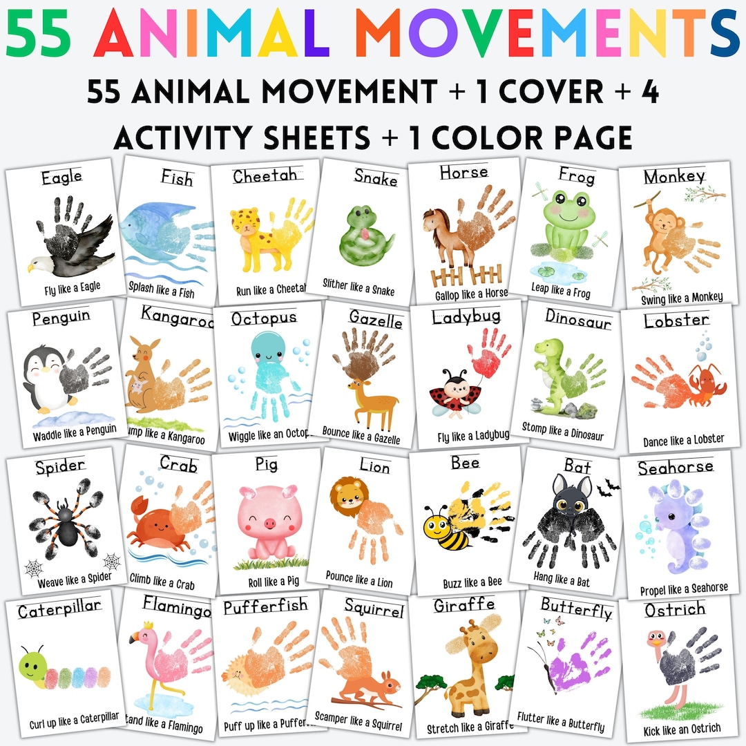 55 Animal Movement Handprint Art BUNDLE for Toddlers, Preschoolers ...