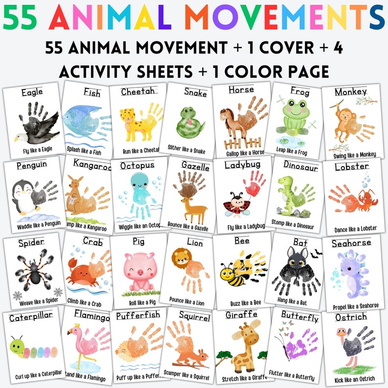 55 Animal Movement Handprint Art BUNDLE for Toddlers, Preschoolers ...