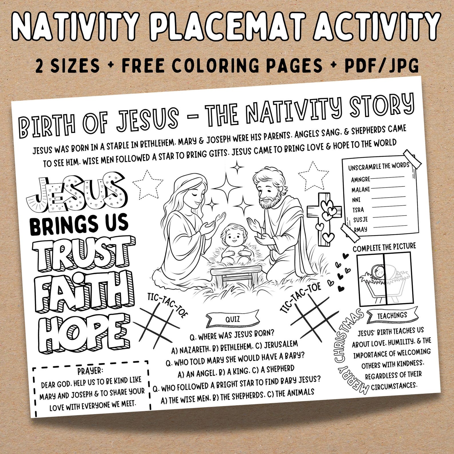 Nativity Activity Placemat Printable, Christmas Coloring Page for Kids ...