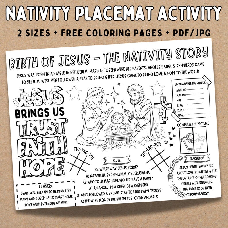 Nativity Activity Placemat Printable, Christmas Coloring Page for Kids ...